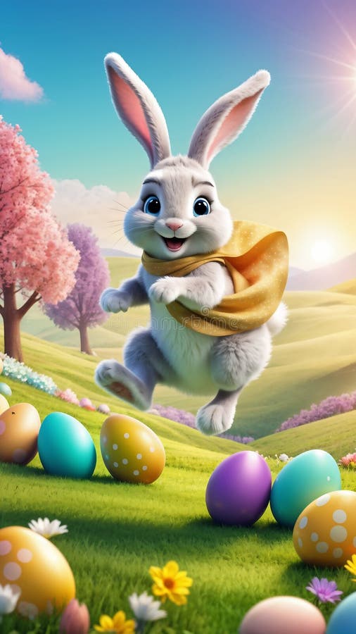 Happy Smiling Easter Bunny Running, Green Grass, Blue Sky, Colored ...