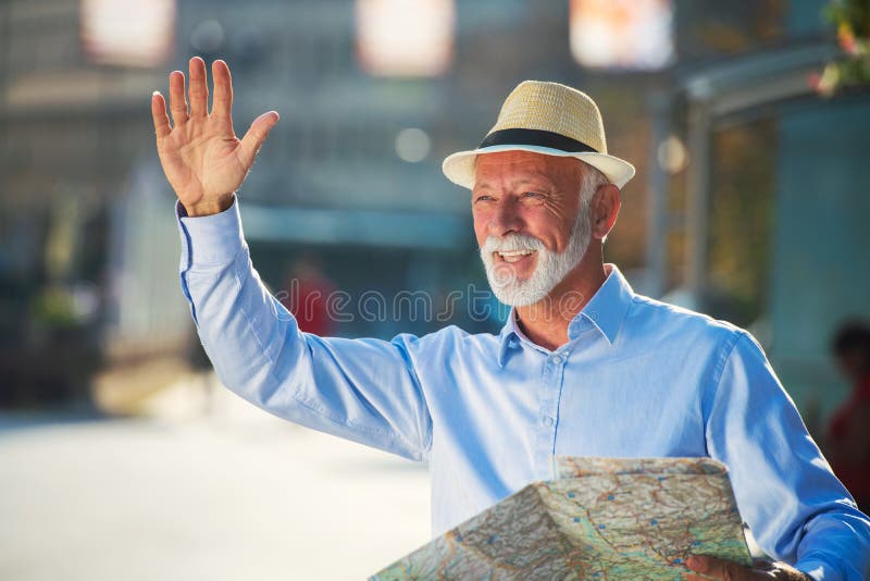 Happy Smiling Elder Man Tourist Ready for Journey, Looking for ...