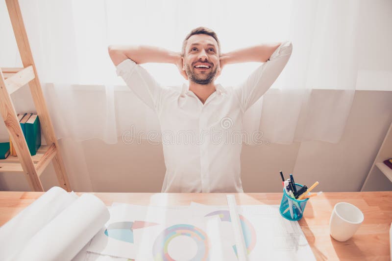 Happy Smiling Engineer Resting after Ending Scheme Stock Image - Image ...