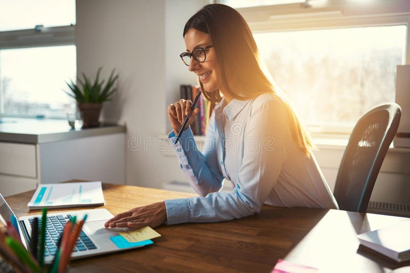 Happy Smiling Entrepreneur Using Laptop Stock Photo - Image of bright ...