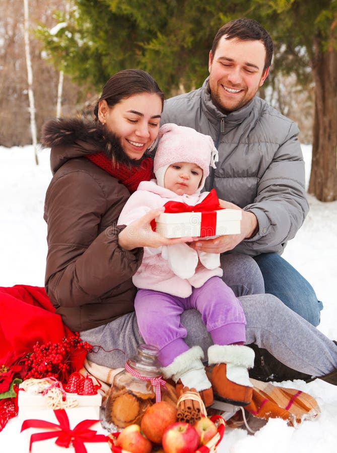 Happy Smiling Family with at the Winter Picnic Stock Image - Image of ...