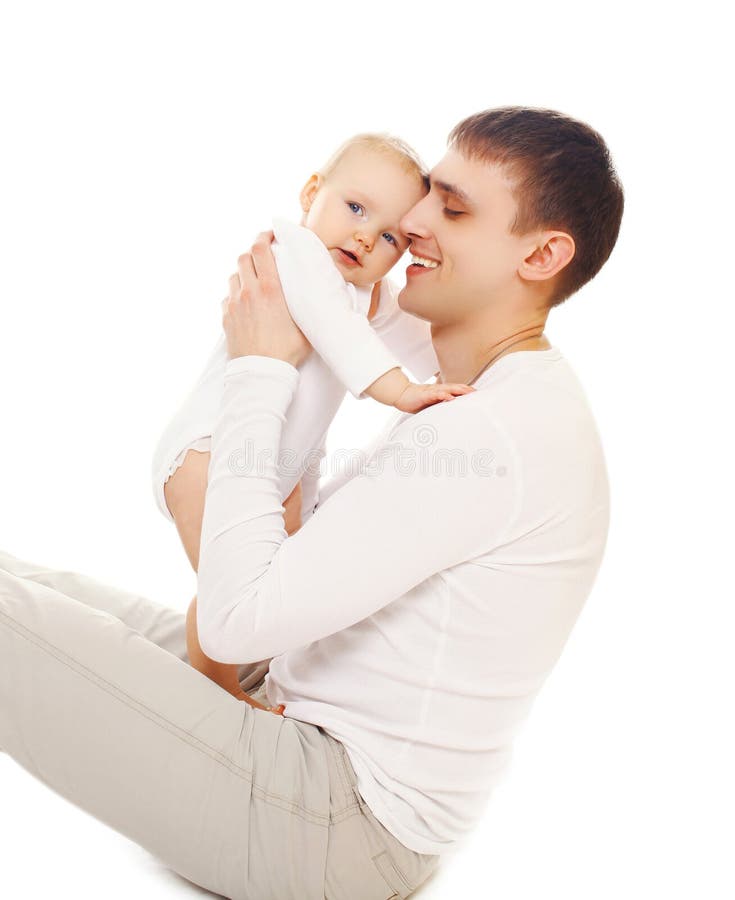 Happy Smiling Father and Baby on White Background Stock Image - Image ...