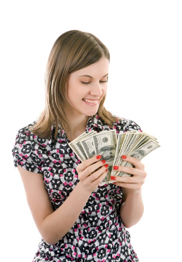 Happy Smiling Girl Counting Money Stock Photo - Image of counting ...