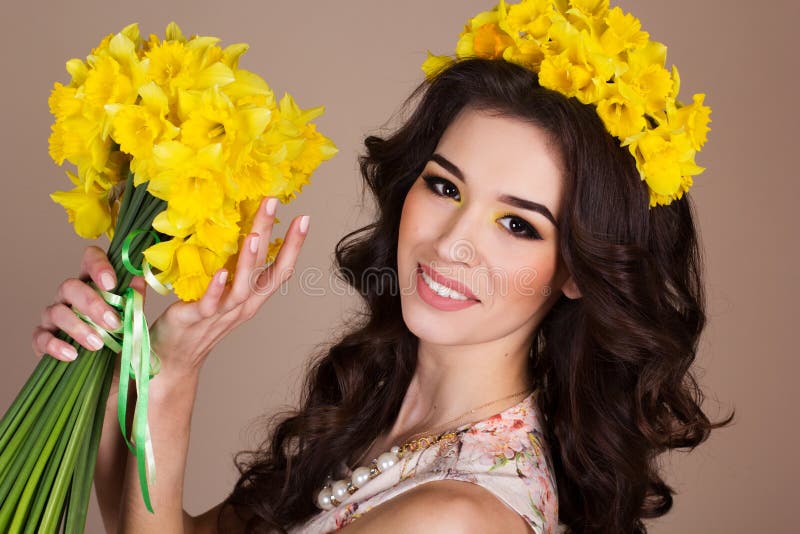 Happy Smiling Girl with Yellow Flowers Stock Image - Image of floral ...