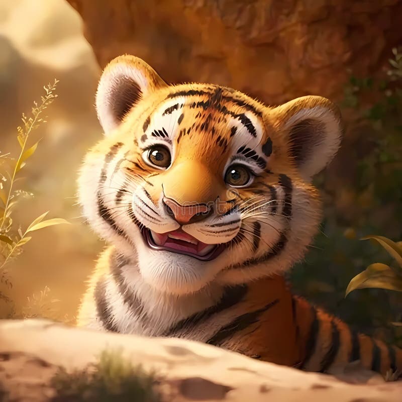 Happy Smiling Little Tiger at Forest. Generative AI Stock Illustration ...