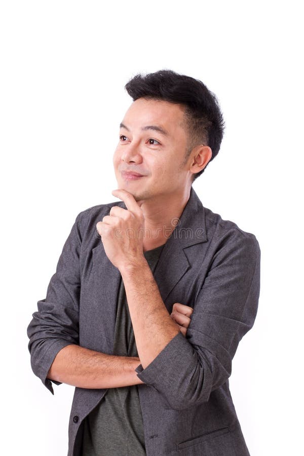 Happy smiling man thinking stock photo. Image of gesture - 55148054