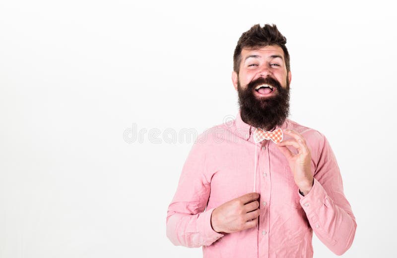 Happy Smiling Man With Trendy Beard Holding Paper Bowtie Bearded Man