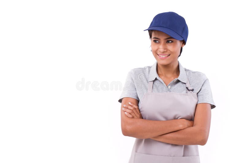 Optimistic Worker in Overalls and Gloves Keeping Hands Together in ...