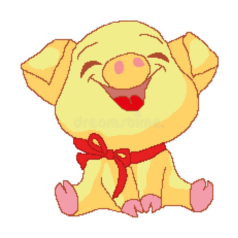 A Happy Smiling Pig Yellow with a Red Bow, Painted in Squares, Pixels ...