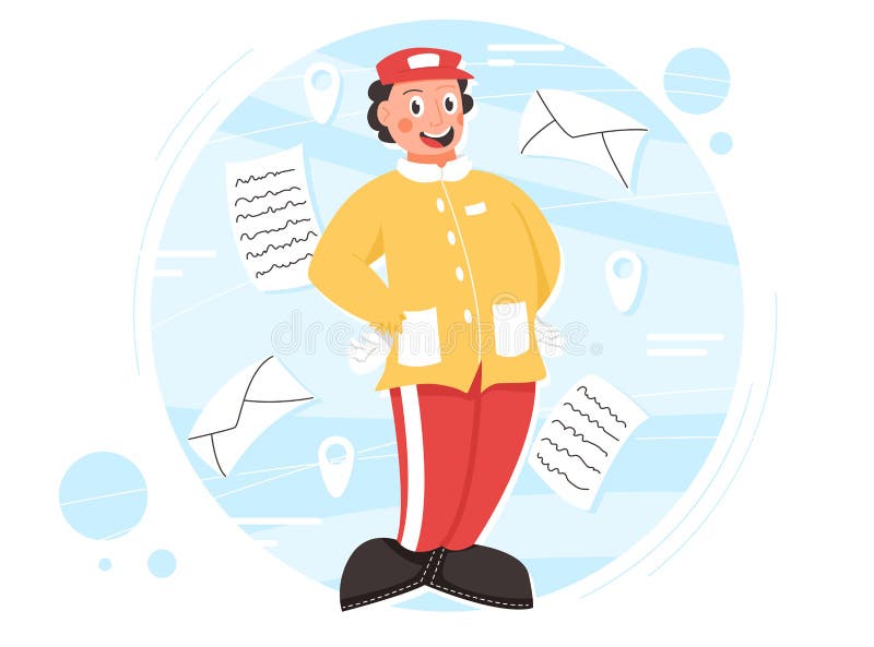 Happy Smiling Postman Surrounded by Flying Envelopes and Letters Vector ...