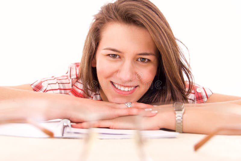 Happy Smart Student Girl Holding Notebook and Smiling Stock Photo ...