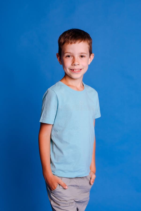 Headshot Boy Show Thumb Up Gesture in Blue T-shirt Looking at Camera ...