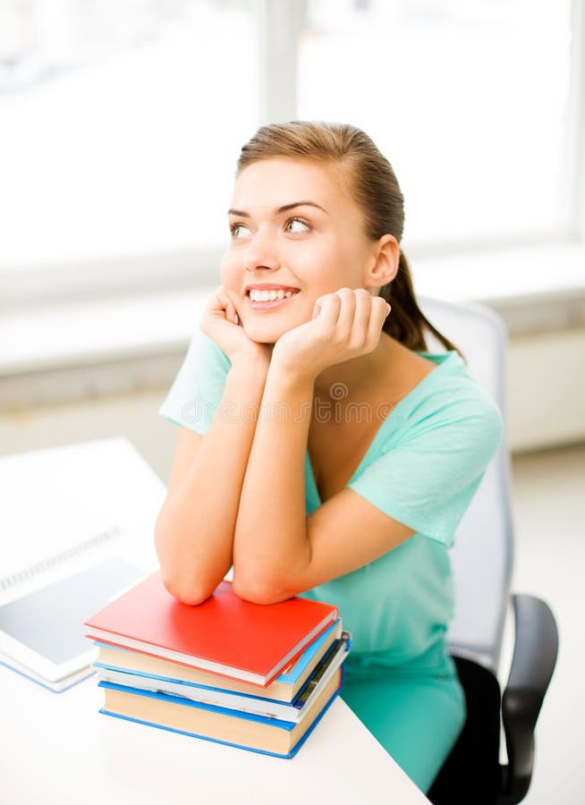 Happy Smiling Student Girl with Books Stock Image - Image of exam, home ...