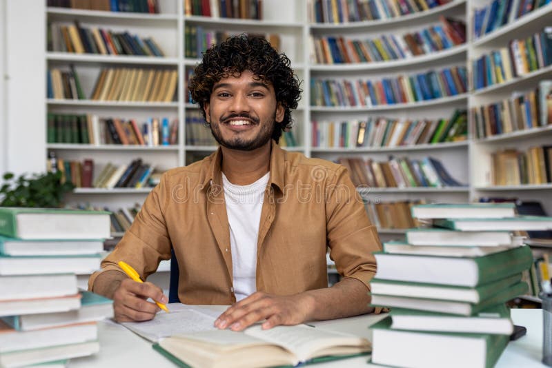 Happy and Smiling Student Studying Inside Academic Library, Man Smiling ...