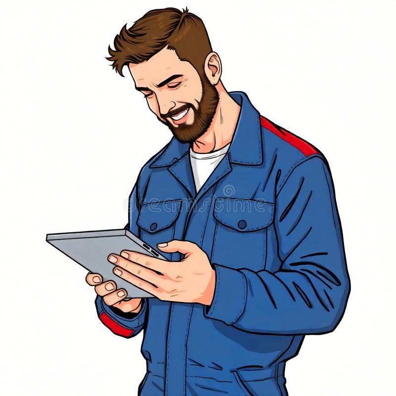 Happy Smiling Technician Using Tablet Digital Technology Worker in Blue ...