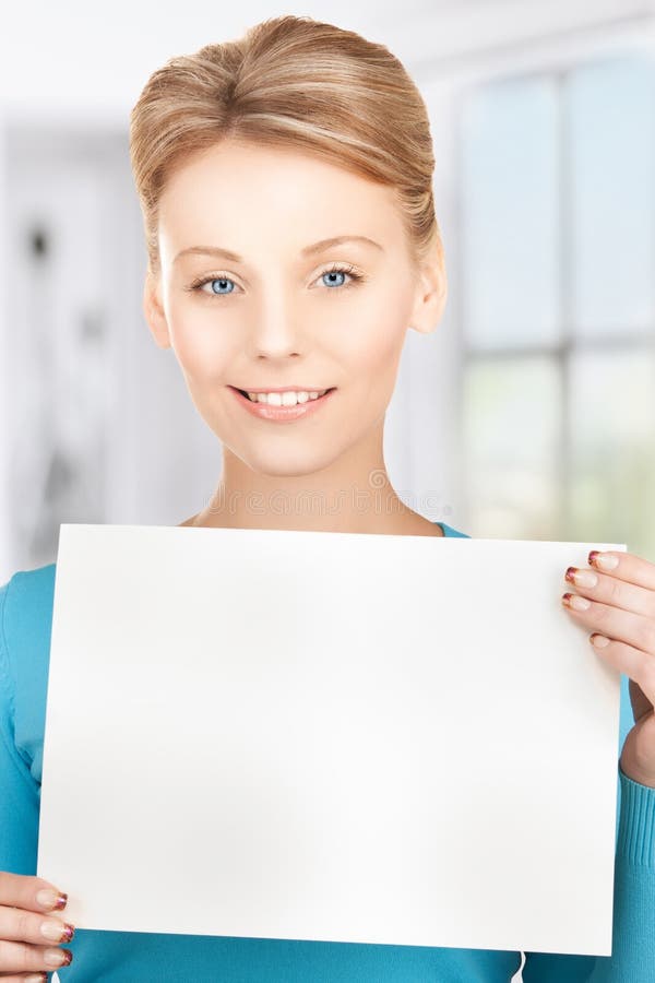 Happy Smiling Woman with Blank Paper Stock Photo - Image of female ...