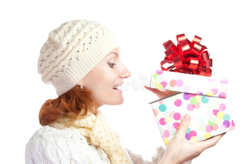 Happy Smiling Woman Opening Christmas Gift Stock Image - Image of ...