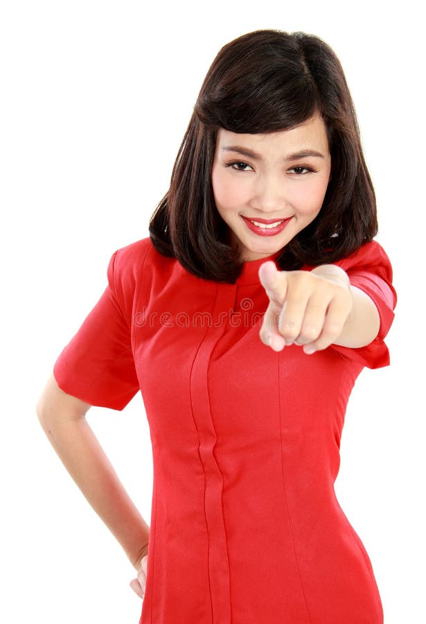 Smiling woman pointing stock photo. Image of empty, businesspeople ...