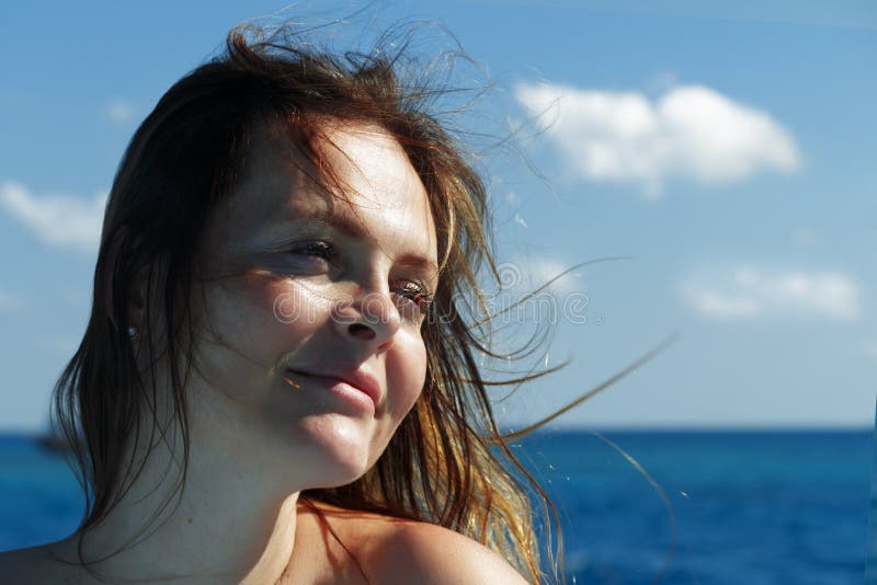 Happy Smiling Woman on the Sea Beach. Copy Space Stock Image - Image of ...
