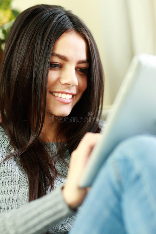 Happy Smiling Woman Using Tablet Computer Stock Image - Image of beauty ...