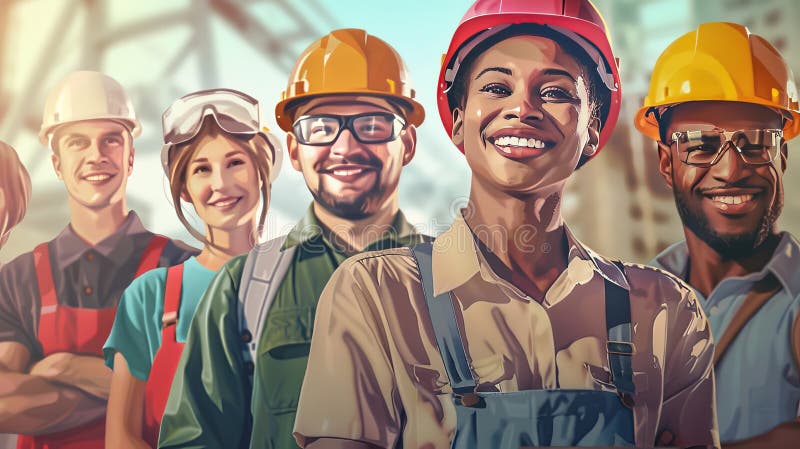 Happy Smiling Workers in Uniform, Celebrating Labor Day Holiday. Flat ...