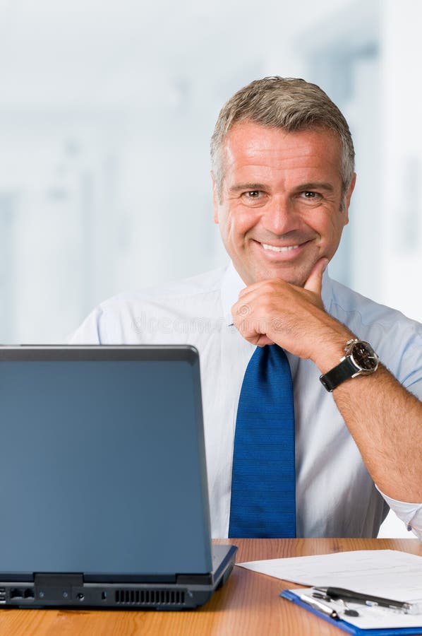 Smiling Man Working on Laptop Stock Image - Image of satisfied ...