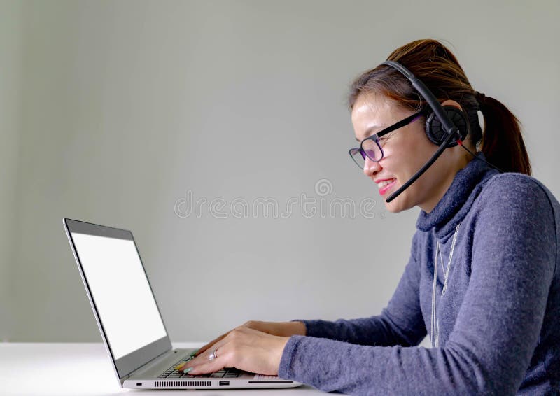 Happy Smiling Young Support Phone Operator in Headset with Laptop, on ...