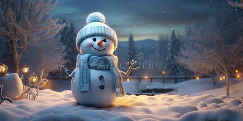 A Happy Snow Man Outside in the Snow at Night Stock Illustration ...