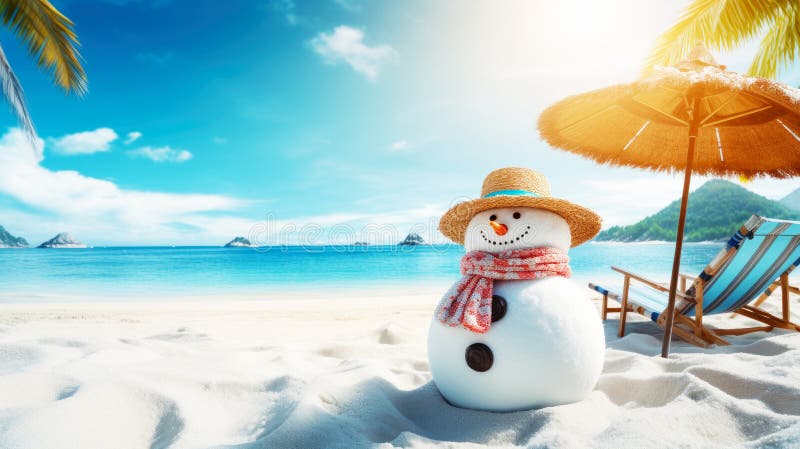 Happy Snowman on Tropical Beach Stock Illustration - Illustration of ...