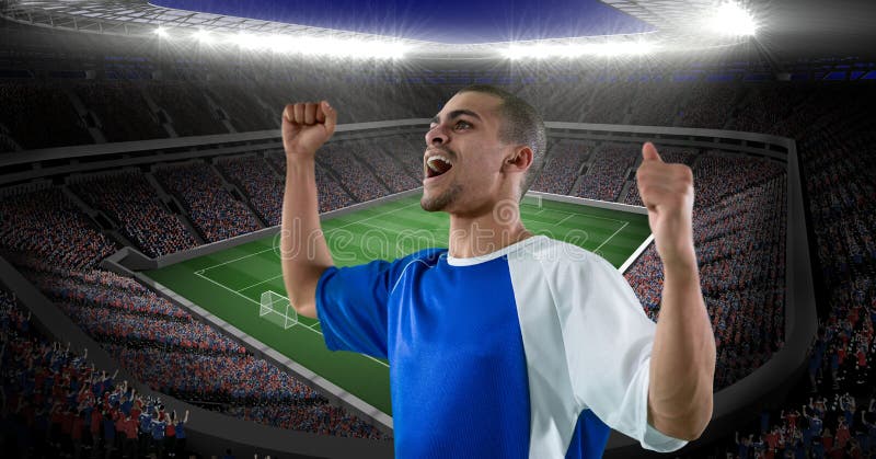 Happy Soccer Player Celebrating Victory Against Stadium Stock Image ...