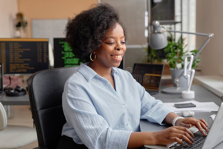 Happy Software Developer at Workplace Table Stock Photo - Image of work ...