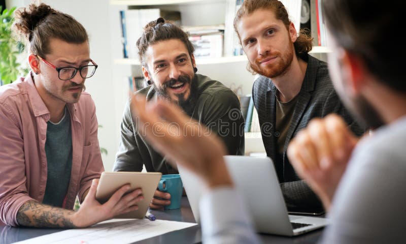 Happy Software Developers Working Meeting Programming Advanced Code Artificial Intelligence ...