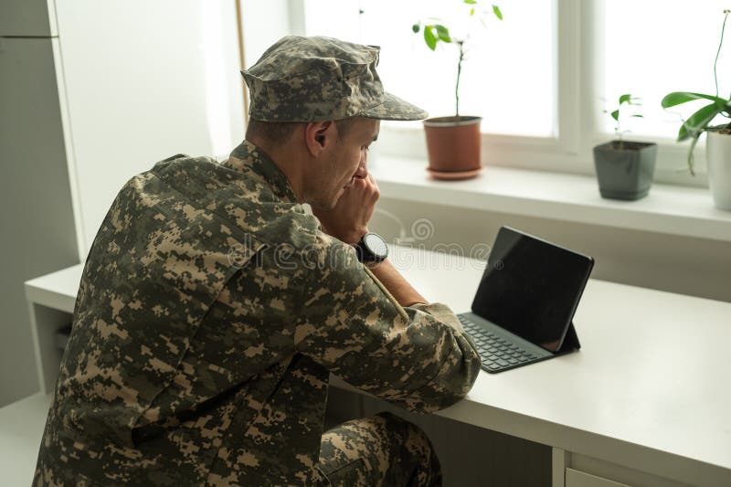 Happy Soldier Using Laptop. Military Service Stock Image - Image of ...