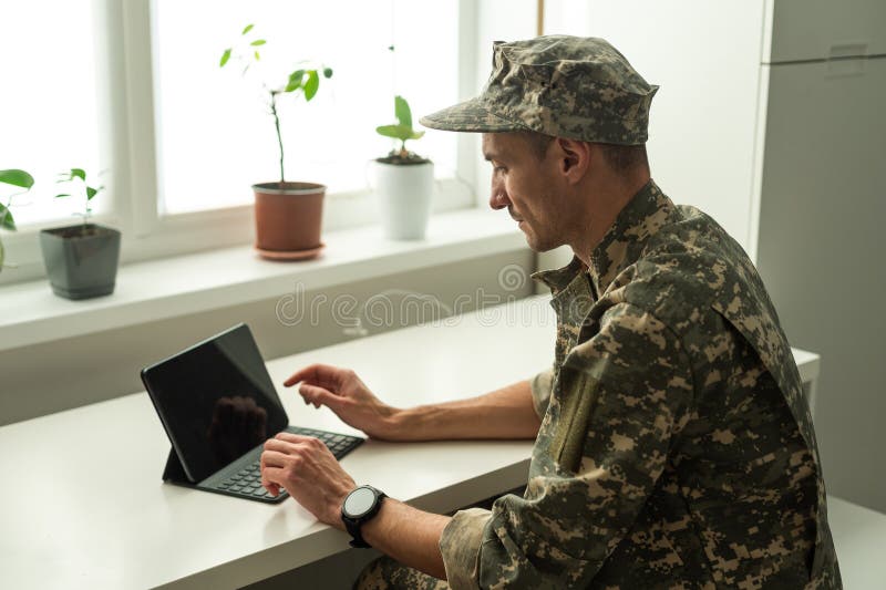 Happy Soldier Using Laptop. Military Service Stock Image - Image of ...