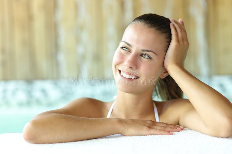 Happy in Spa Looking at Side Stock Photo - Image of happy, dream: 264876772