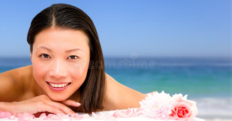Happy Spa Woman Relaxed with Tropical Paradise Sea with Transition ...