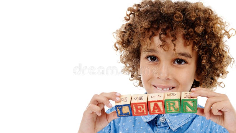 Happy, Spelling and Portrait of Kid with Building Blocks for Learning ...