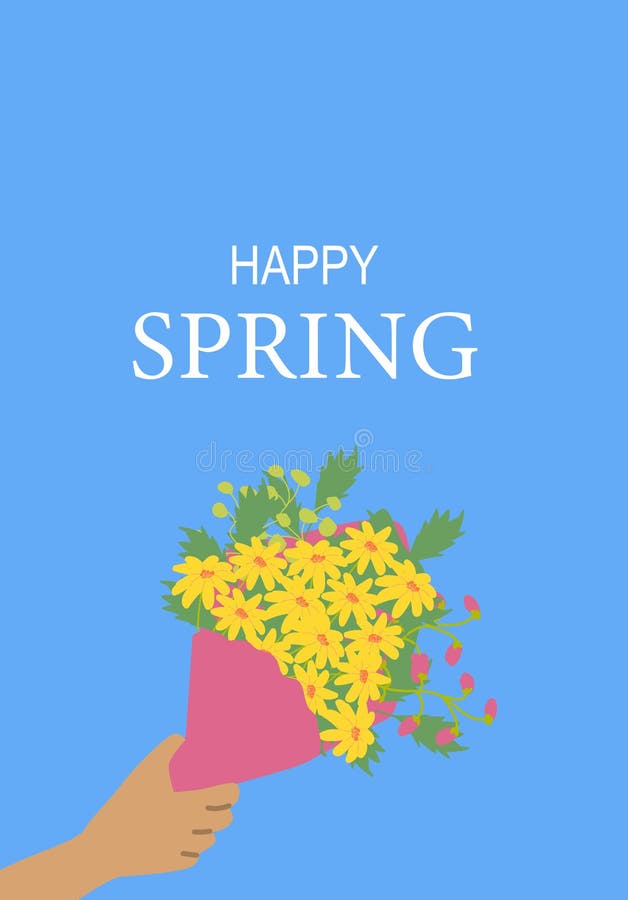 Happy Spring Bouquet with Yellow Flowers on Blue Background Stock ...