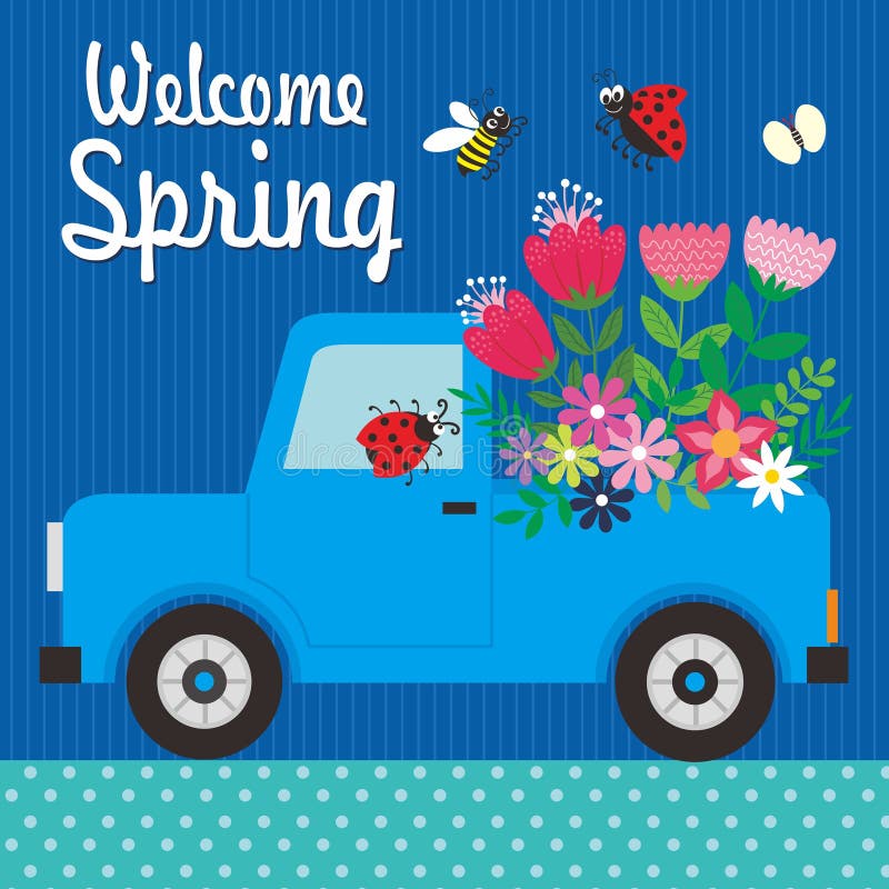Happy Spring Day Card Design with Flowers on the Car Stock Vector ...