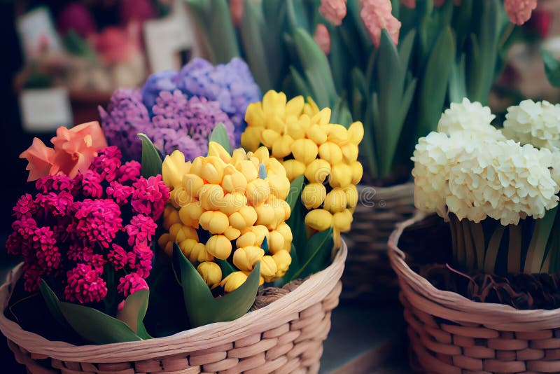 Happy Spring Mood Baskets of Floral. Illustration Generative AI Stock ...