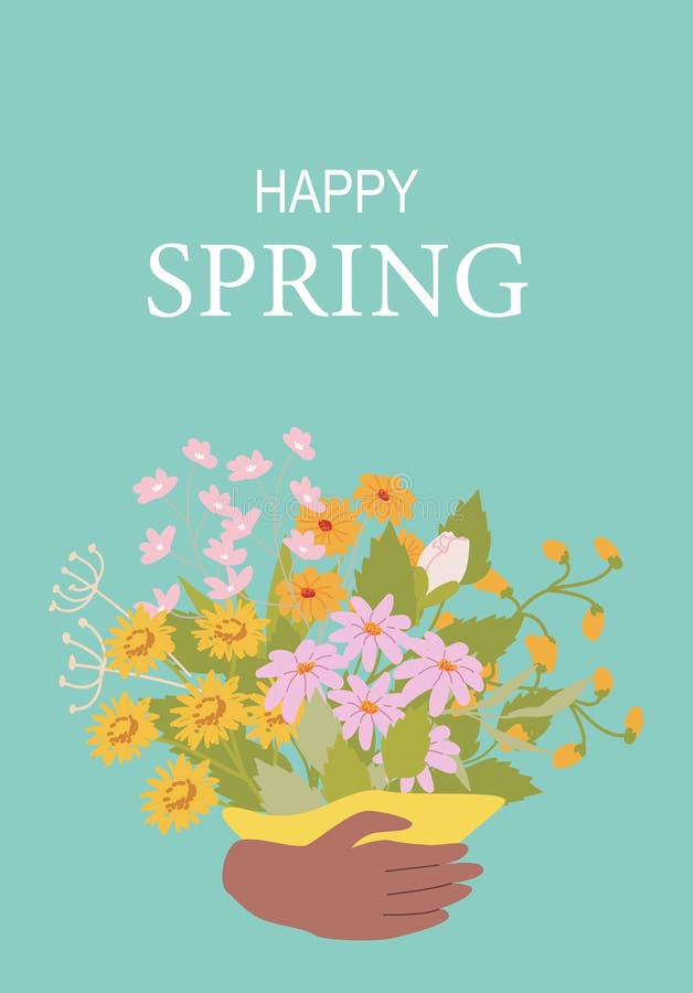 Happy Spring Bouquet in Hand with Colorful Flowers on Green Background ...