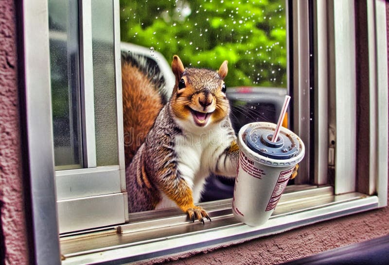 A Happy Squirrel Holding an Iced Coffee in Front of the Open Window ...