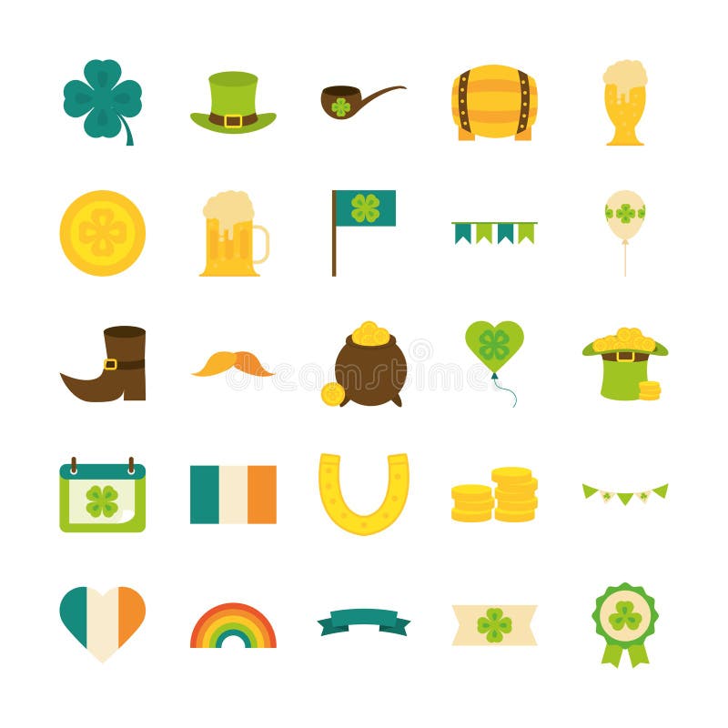 Happy St Patricks Day Icons Cauldron Beer Hat and Coins Flat Vector ...