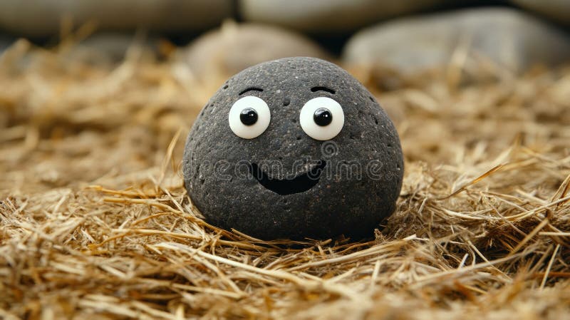 Happy Stone with Googly Eyes on Hay Background Stock Illustration ...