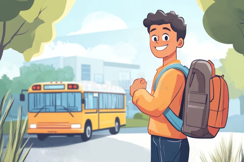 Happy Student with Backpack and Bus Stock Illustration - Illustration ...