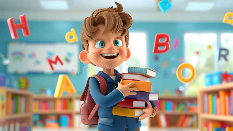 Happy Student with Books in a Playful Classroom Stock Illustration ...