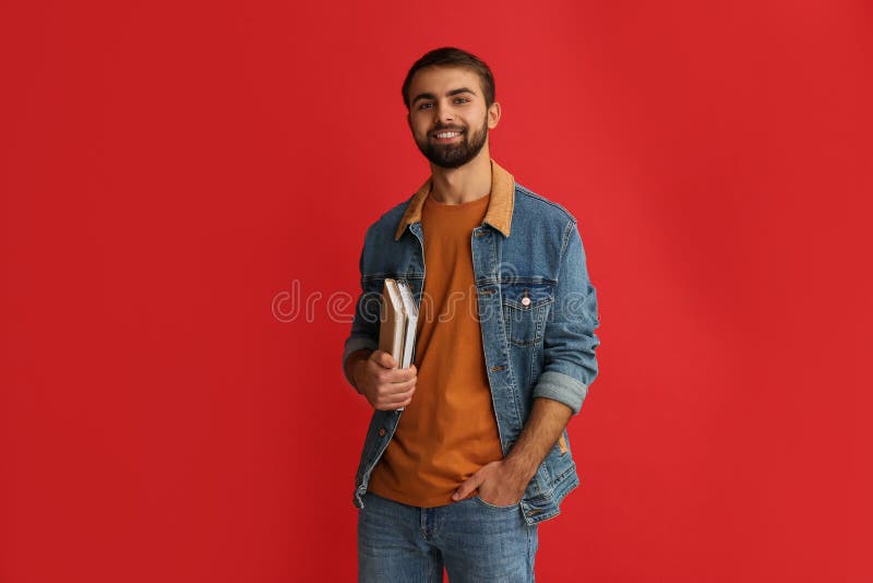 Happy Student with Books on Red Background Stock Image - Image of ...