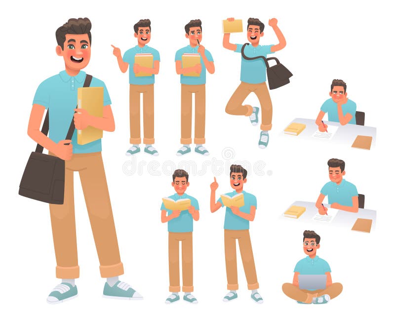 Happy Student Character Set. a Guy with Books and a Backpack in Various ...