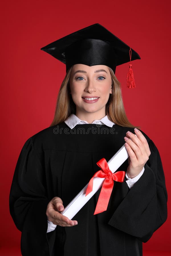 Happy Student with Diploma on Red Background Stock Photo - Image of ...