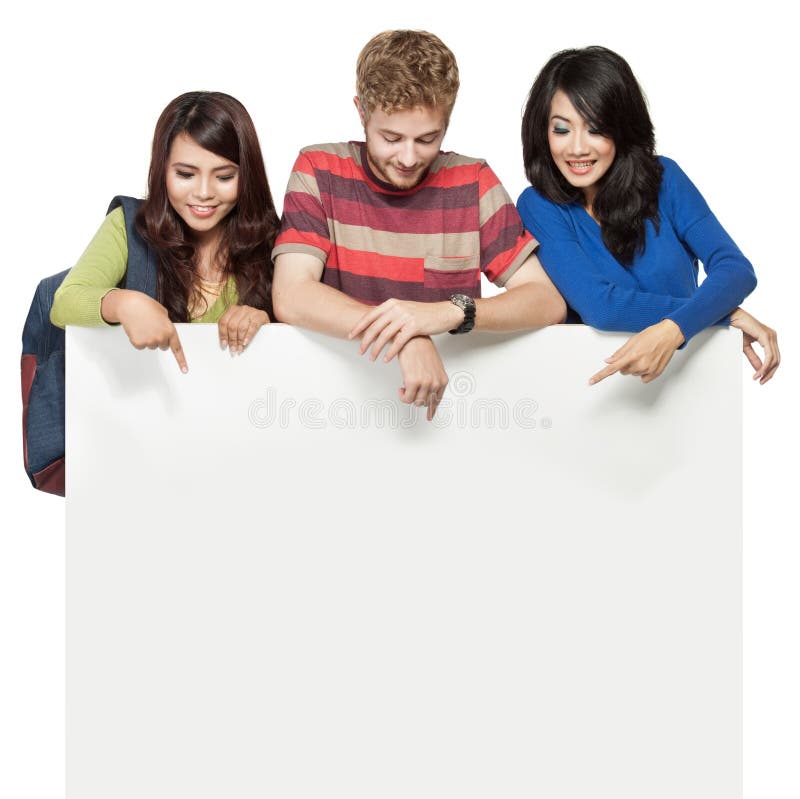 Happy Student Friend Holding White Blank Board Stock Photo - Image of ...